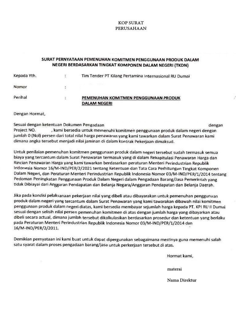 Surat Pernyataan Pemenuhan Komitmen TKDN 2 | PDF