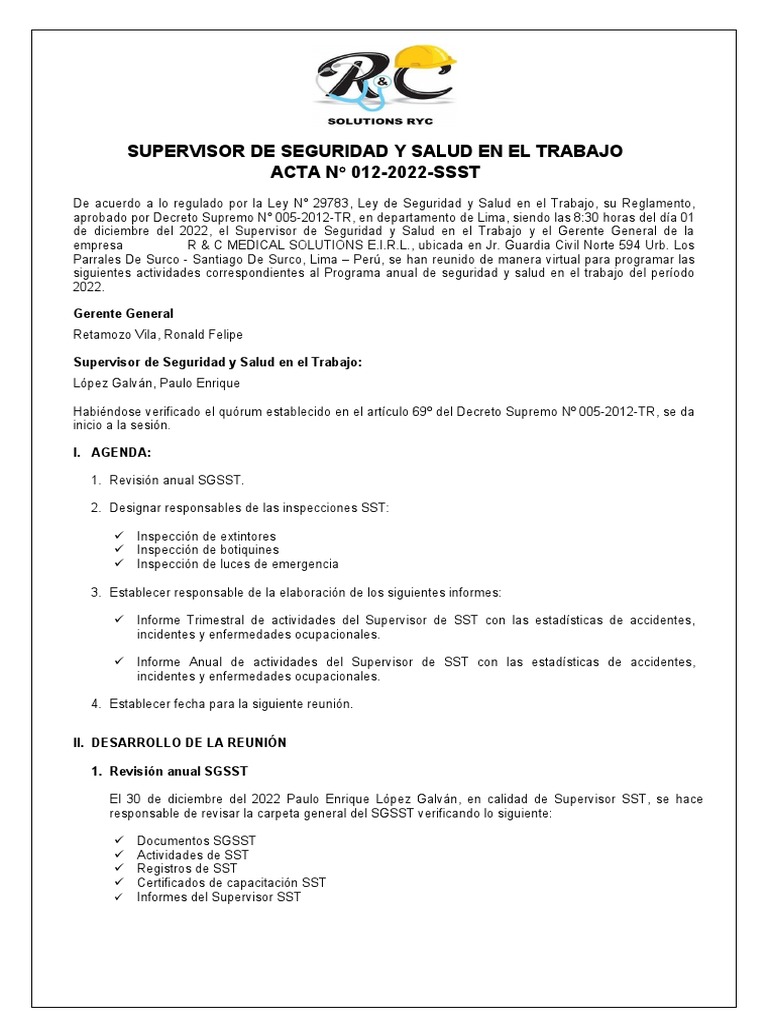 ACTA N°012-2022 Supervisor SST | PDF | Gobierno