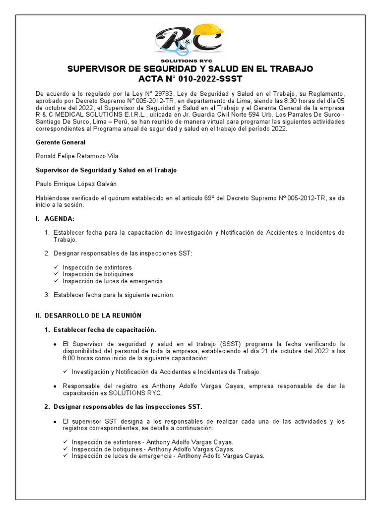 ACTA N°010-2022 Supervisor SST | PDF | Gobierno