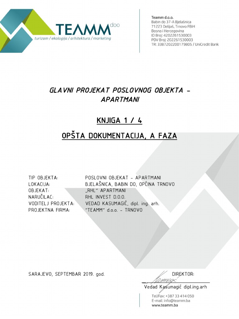Knjiga 1 / 4 Opšta Dokumentacija, A Faza: Glavni Projekat Poslovnog Objekta - Apartmani | PDF