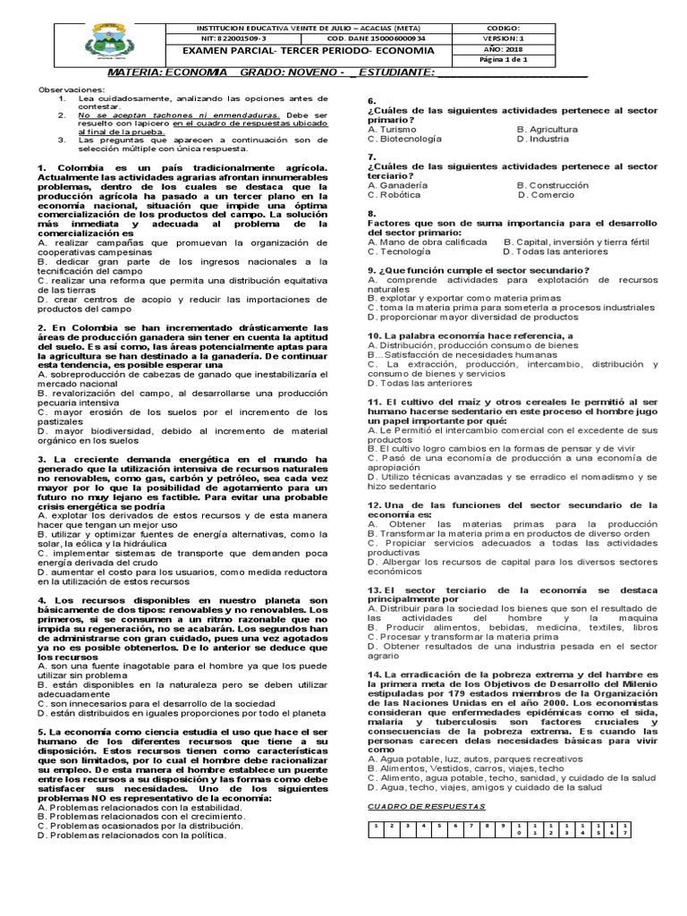 9 Examen Parcial Economia - Evolucion Histprica de Economia y Sectores y Actvidades de ...