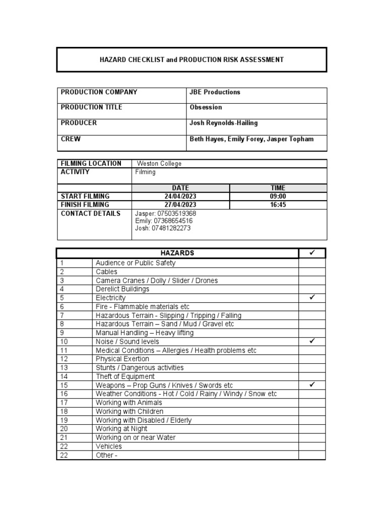 Obsession Production Risk Assessment | PDF | Safety | Occupational ...