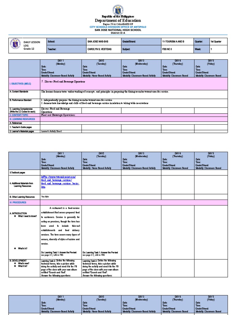 WLP DLL in Fbs Week 1 | PDF | Learning | Classroom