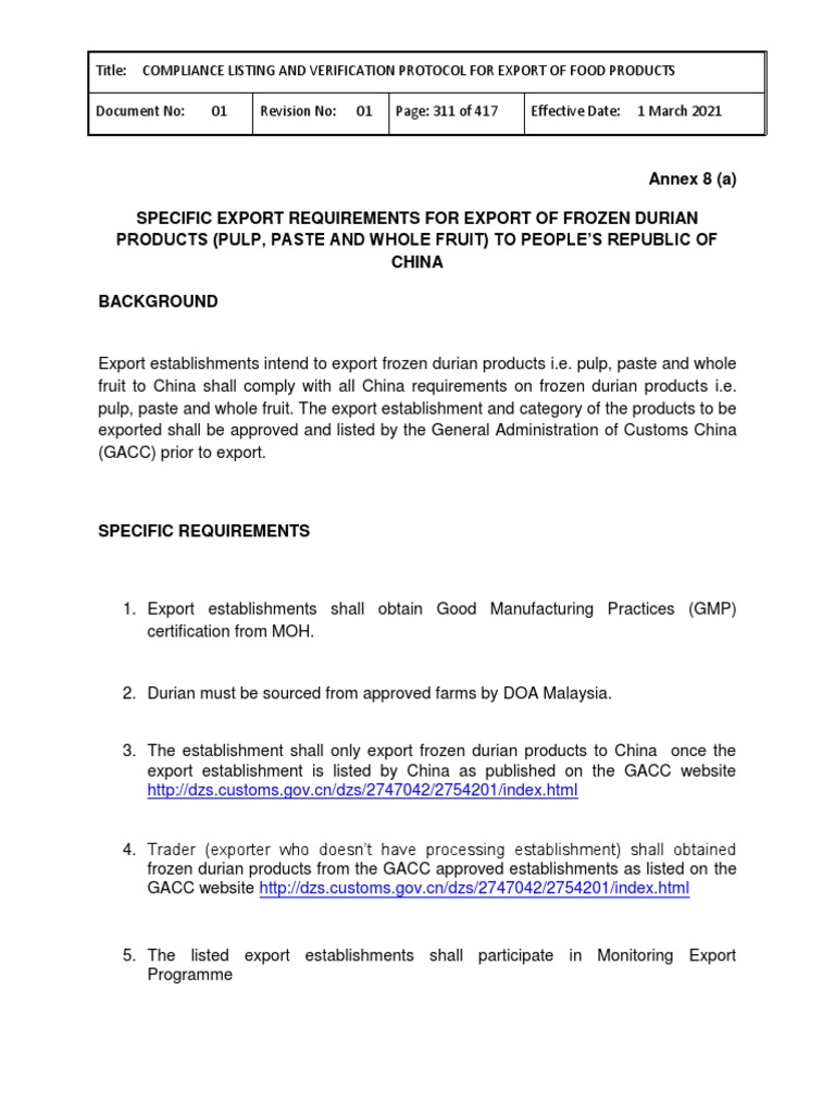 Export Protocol for Frozen Durian to China | PDF | Sanitation ...