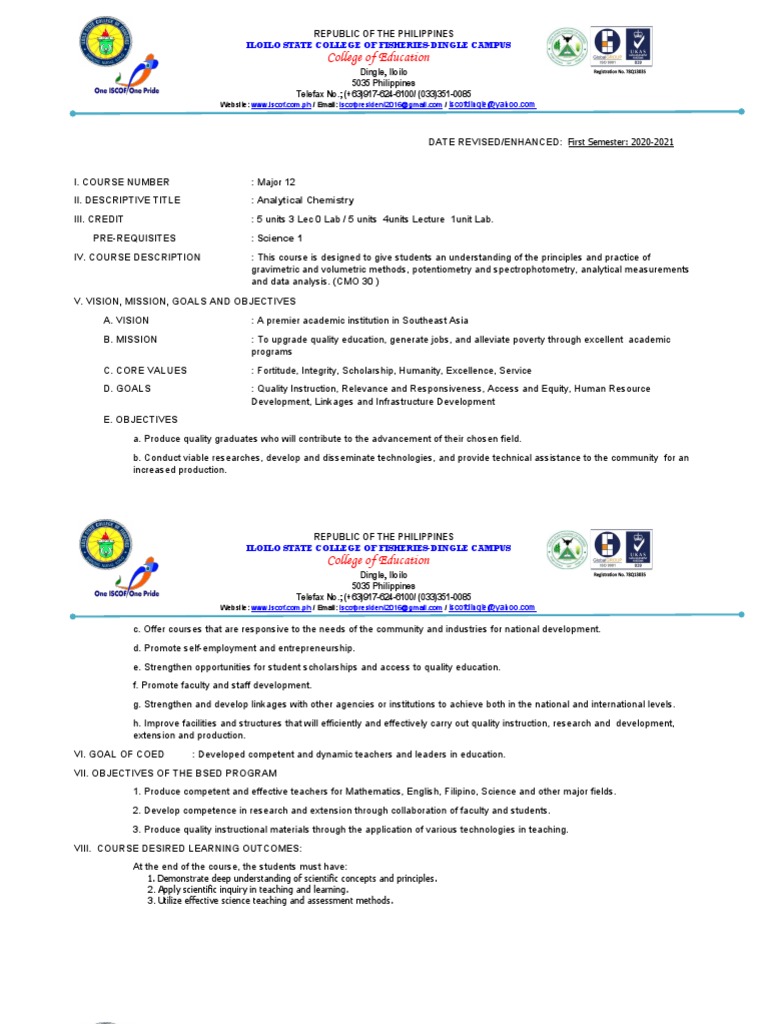 Course Syllabus in Analytical Chemistry | PDF | Chemical Equilibrium ...