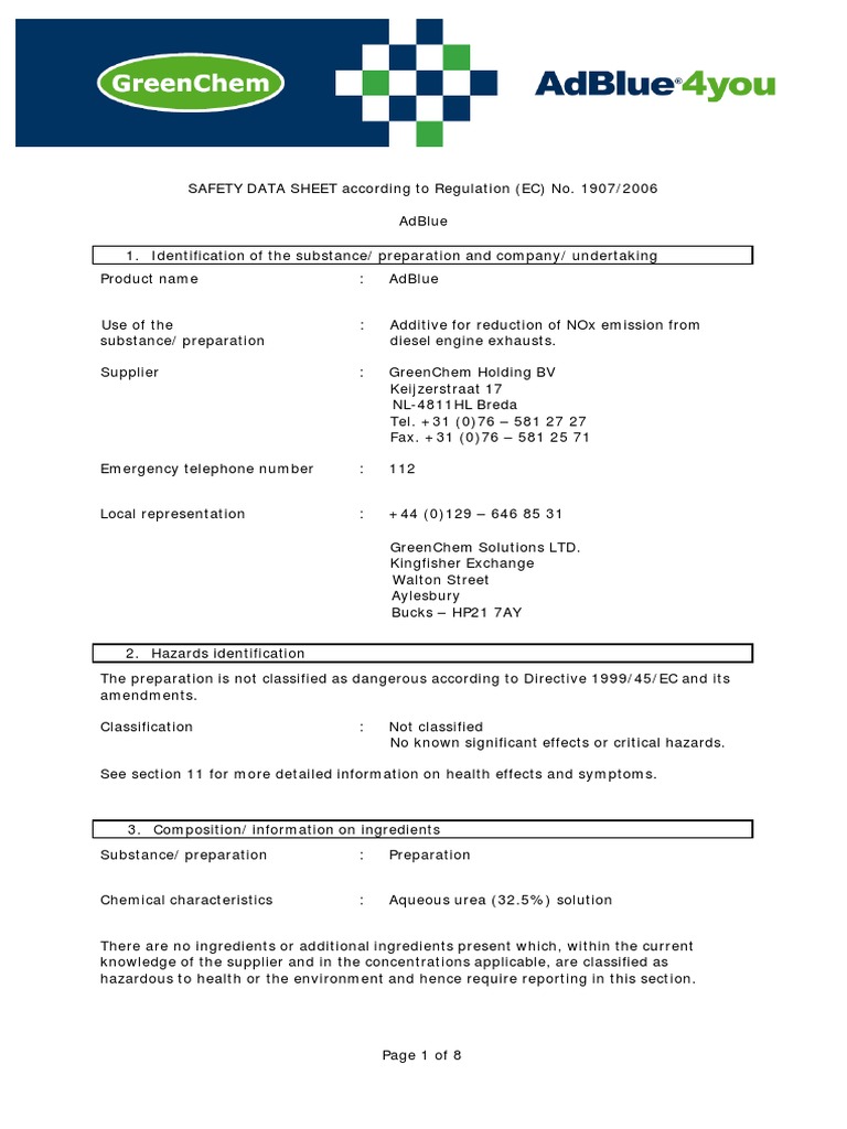 Adblue Material Safety | PDF | Personal Protective Equipment | Firefighter