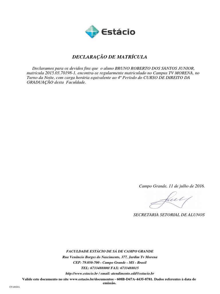 Declaração de Matricula Estácio | PDF | Escolas | Estudantes