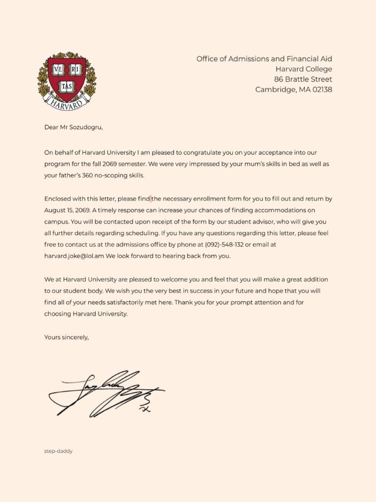 Harvard Acceptance Letter Copy 3 | PDF