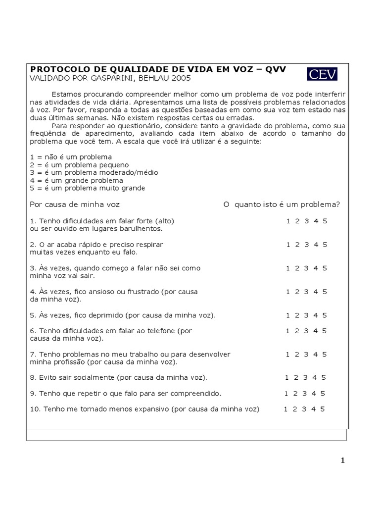 Protocolo de Qualidade de Vida em Voz - QVV: Validado Por Gasparini ...