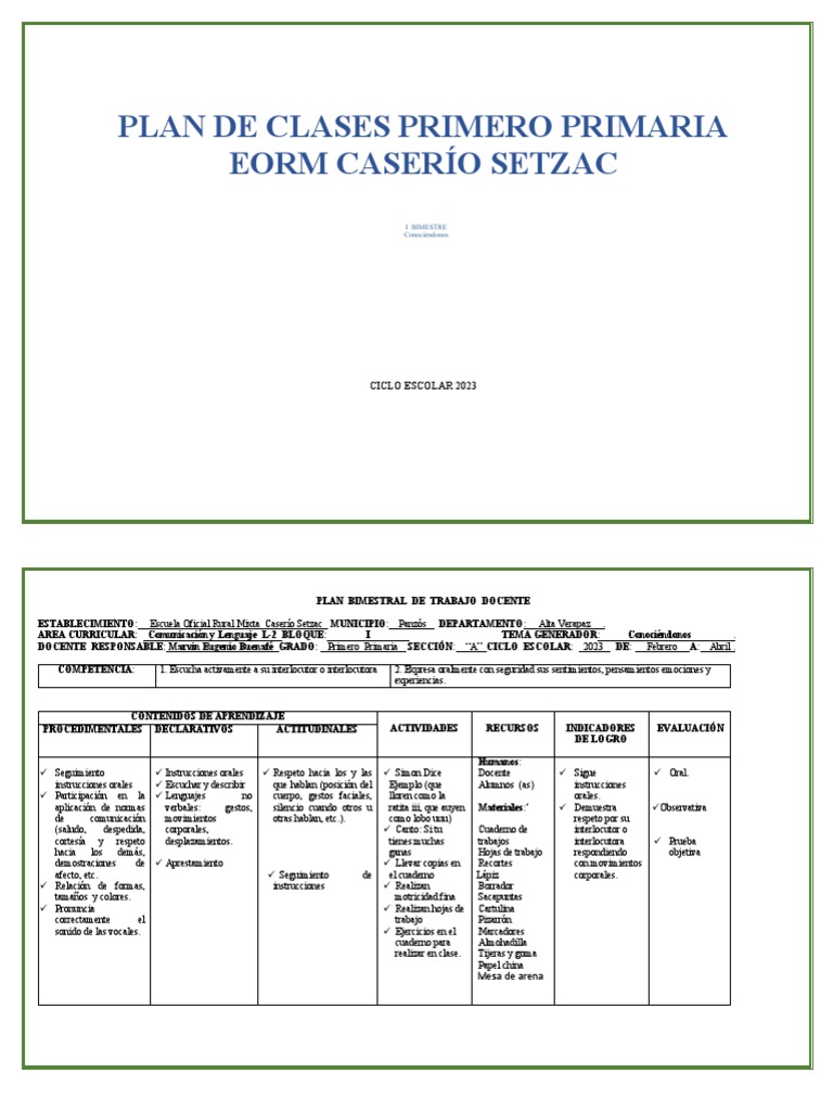 Plan de Clases 1° Primaria 2023 | PDF | Entorno natural | Evaluación