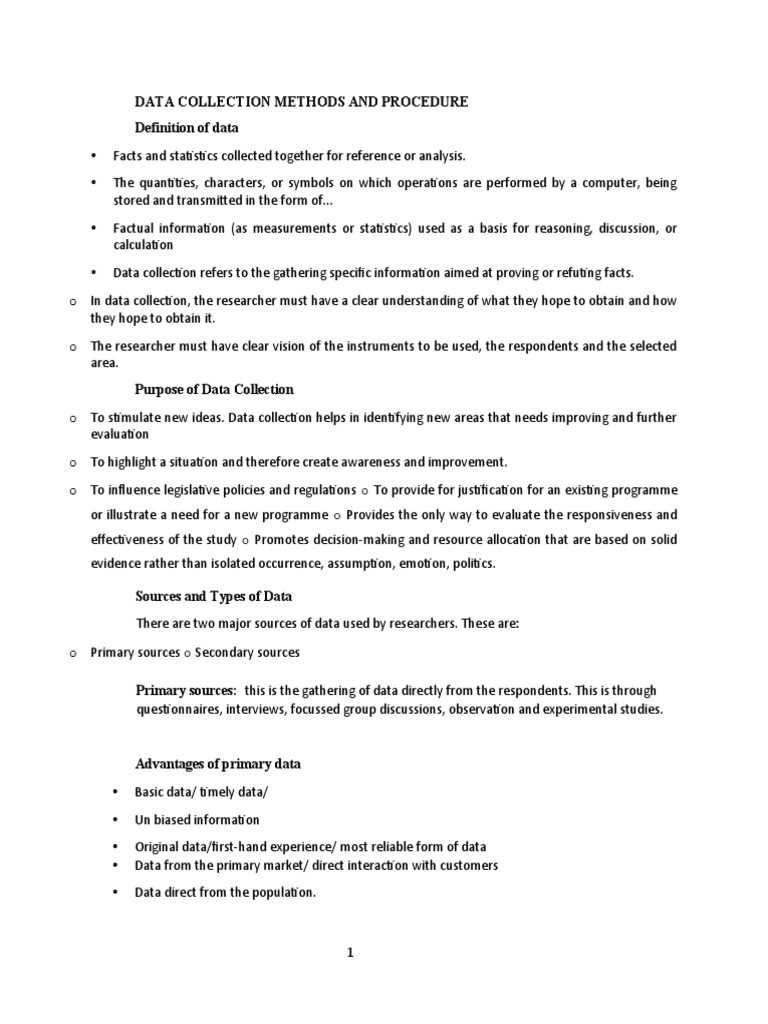 Data Collection Methods and Procedure Definition of Data | PDF | Focus ...