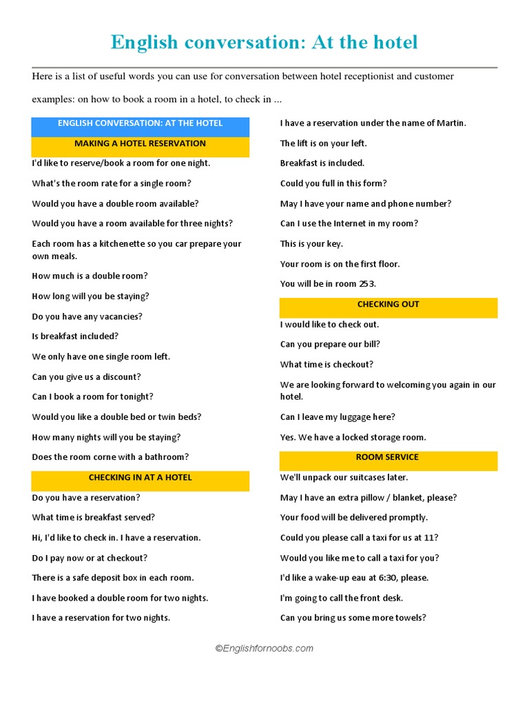 Hotel Conversation Guide | PDF | Campsite
