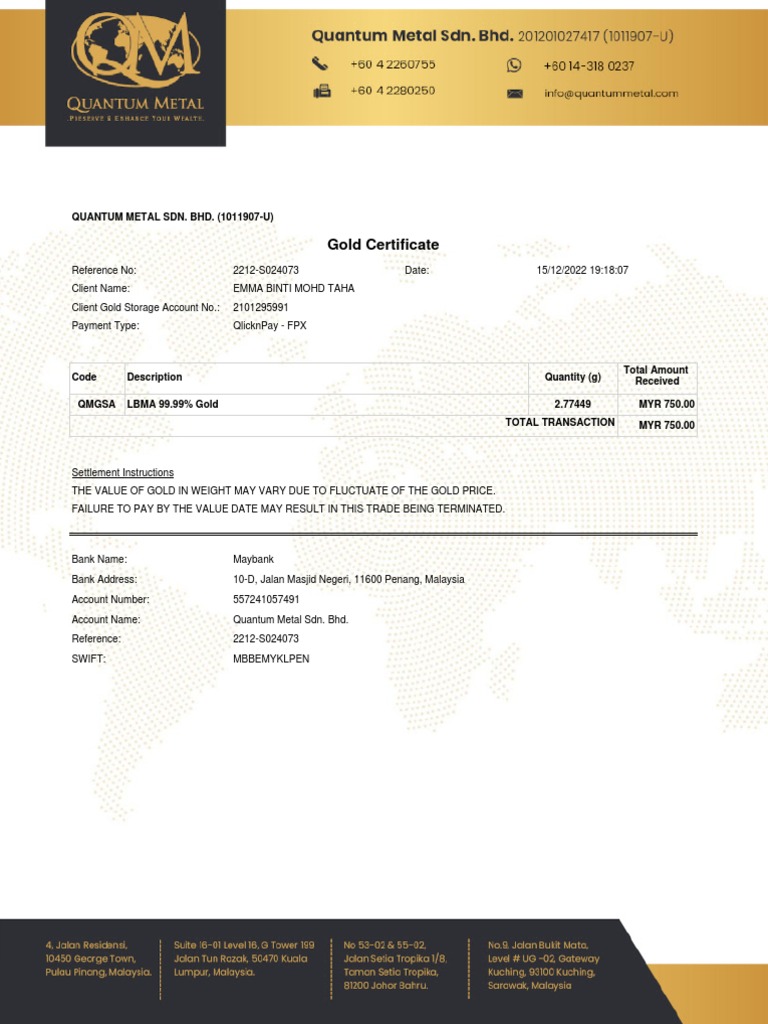 Gold Certificate: QUANTUM METAL SDN. BHD. (1011907-U) | PDF