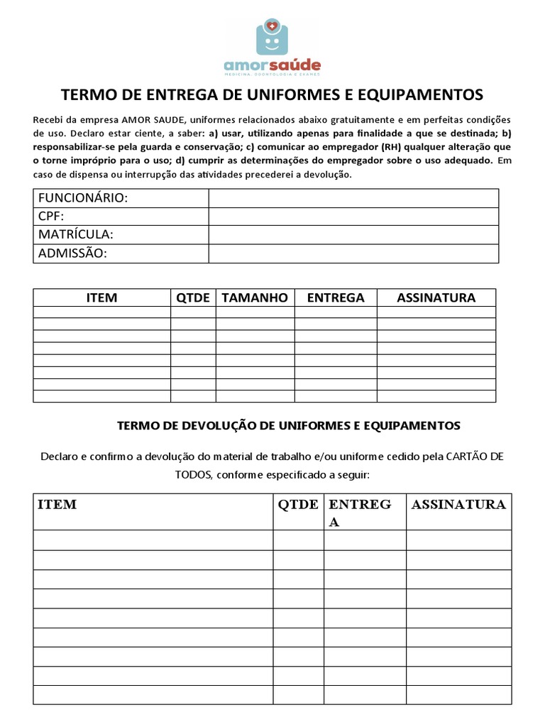 Termo De Entrega De Uniformes Pdf