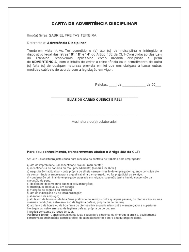 Carta de Advertência Disciplinar | PDF
