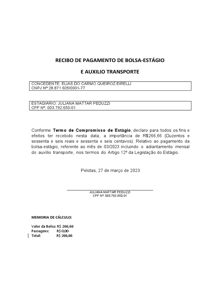 Recibo de Pagamento de Bolsa-Estágio E Auxilio Transporte | PDF