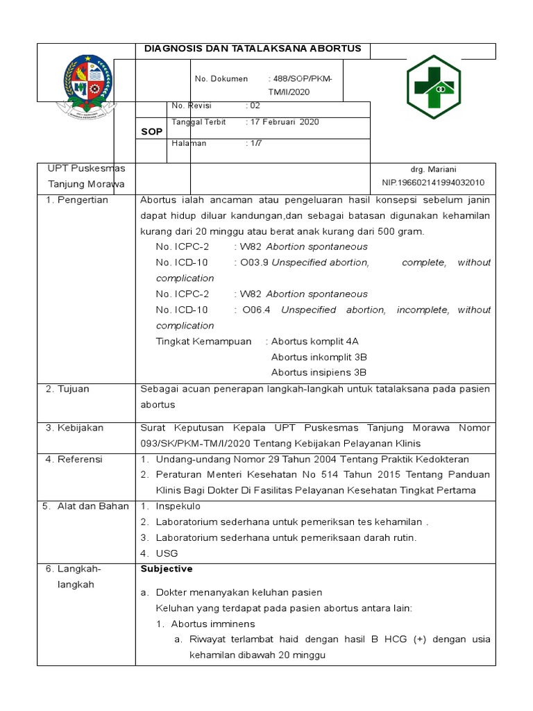 '20 Sop Diagnosis Dan Tatalaksana Abortus | PDF