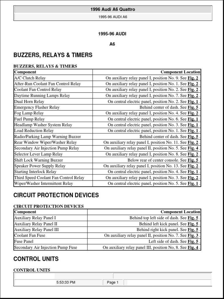 Buzzers, Relays & Timers: 1995-96 AUDI A6 | PDF | Engines | Relay