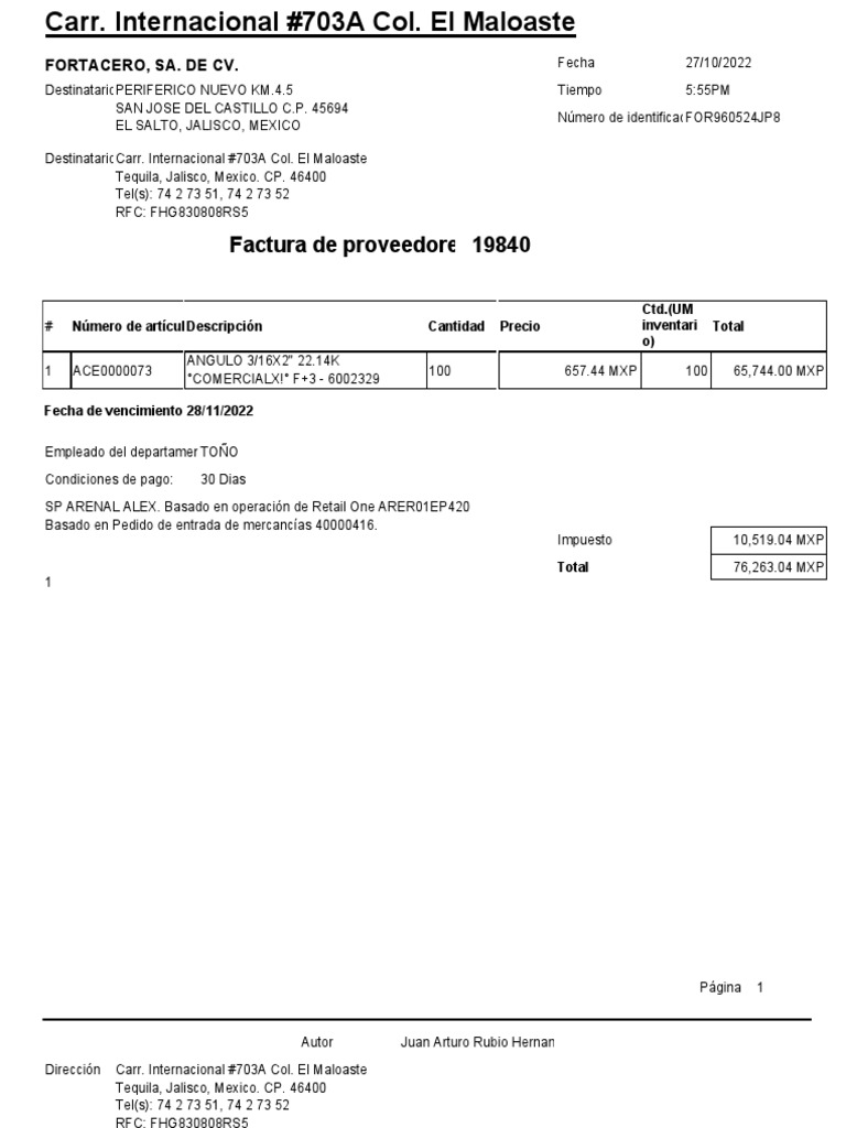 Factura de Proveedores19840: Fortacero, Sa. de CV | PDF