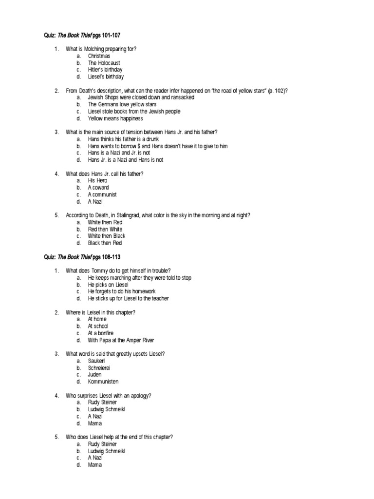 Quiz on The Book Thief (Pages 101-184) | PDF | History | Mystery ...