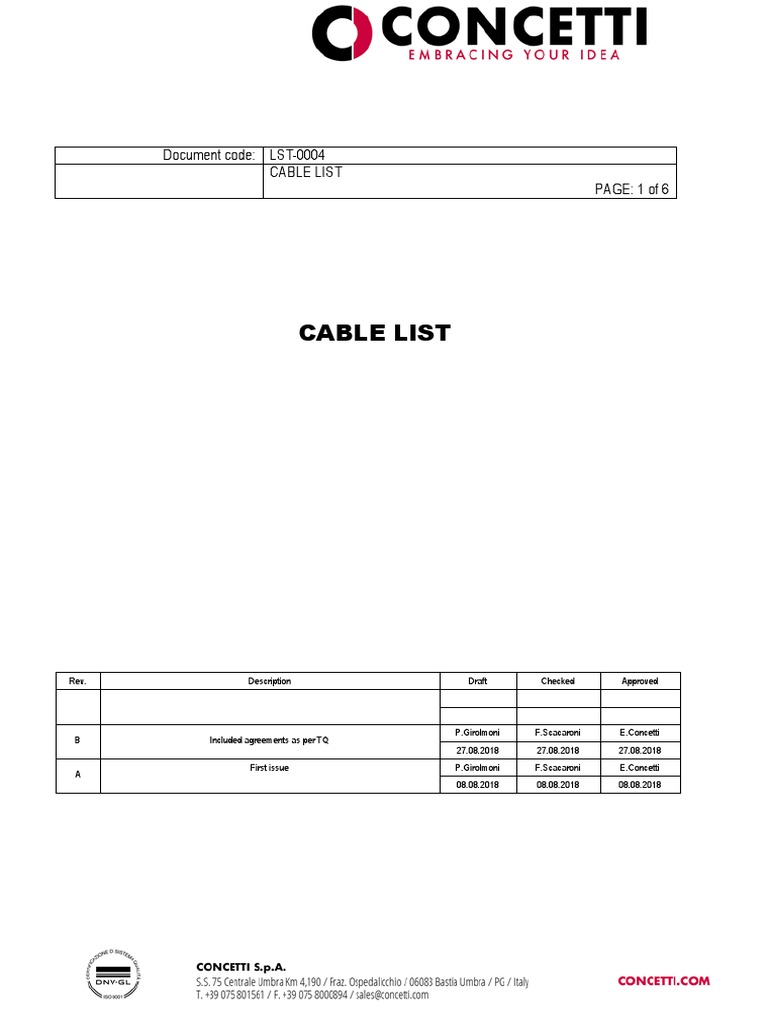 Att#05 - Cable List - X-SSP-ELE-001 | PDF | Electrical Wiring ...