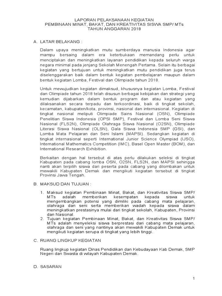 LAPORAN KEGIATAN PEMBINAAN MINAT, BAKAT DAN KREATIVITAS SISWA SMP-MTs | PDF