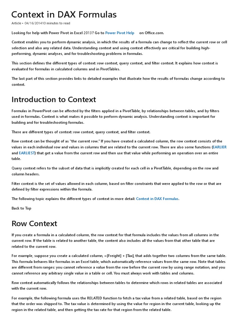 Context in DAX Formulas - Microsoft Learn | Download Free PDF | Table (Database) | Function ...