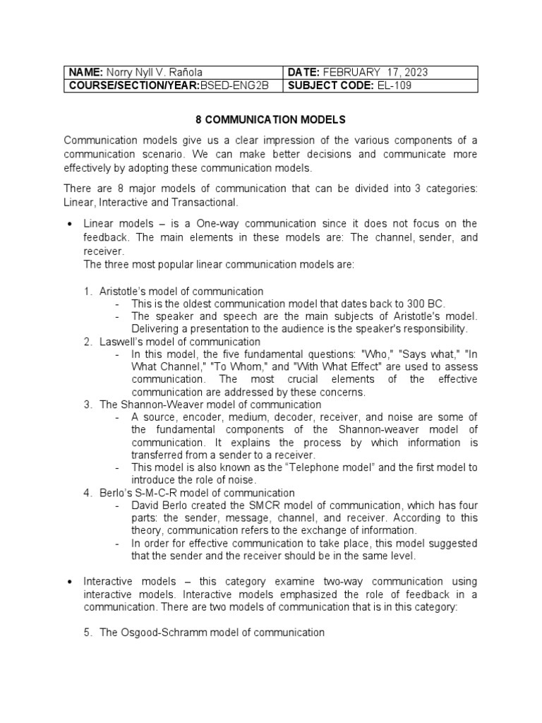 8 Communication Models | PDF | Communication | Cognitive Science