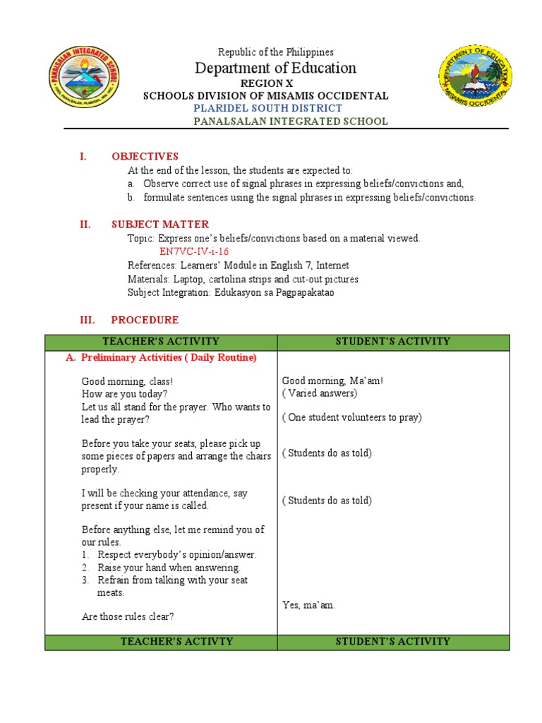 Detailed Lesson Plan in English 7 | PDF | Teachers | Information