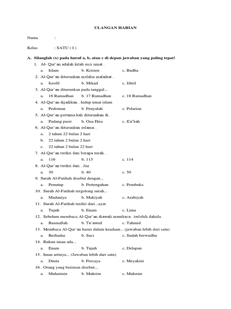 Ulangan - Harian - Kelas - 1 - Semester - 1 BAB 1 & 2 | PDF