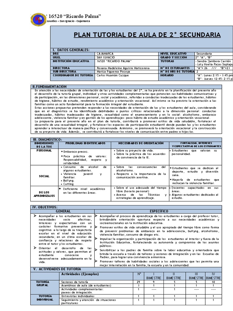 Plan Tutorial De Aula De 2 Secundaria I E 16520 Ricardo Palma