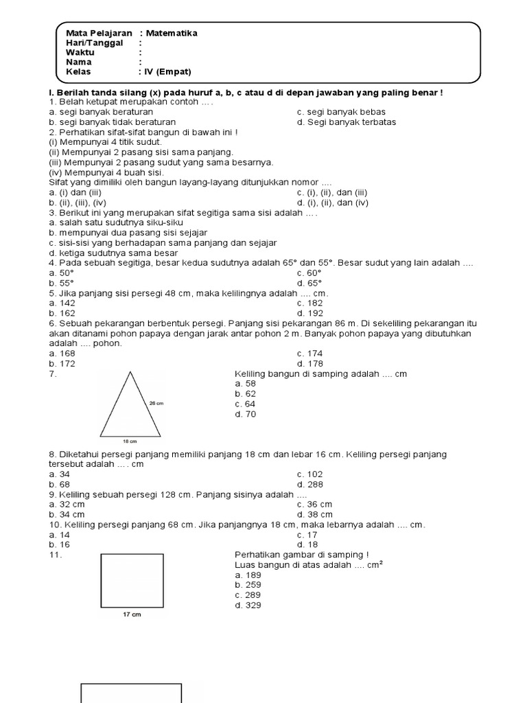 Soal PTS-Matematika Kelas 4 Semester 2 Tahun Ajaran 2022-2023 | PDF