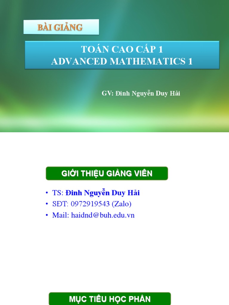 Toán Cao Cấp 1 Advanced Mathematics 1: GV: Đinh Nguyễn Duy Hải | PDF