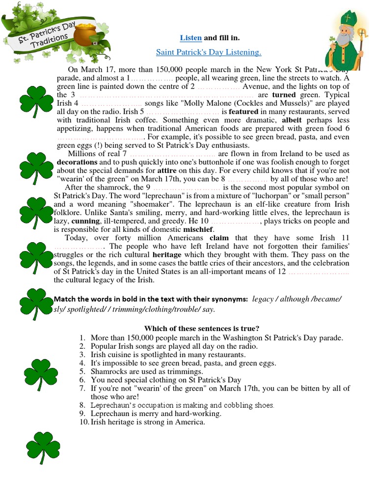 ST Patrick Day Traditions Reading Listening - 148827 | PDF | Leprechaun ST Patrick Day Traditions Reading Listening - 148827 | PDF | Leprechaun