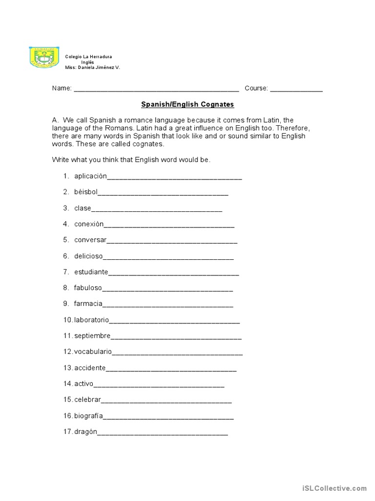 Cognates Worksheet | PDF