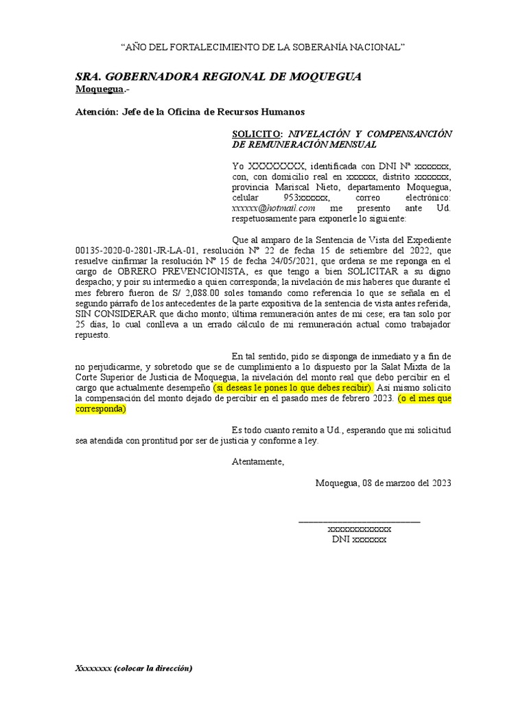 Solicitud de Nivelación Remunerativa 276 Minsa | PDF | Gobierno | Justicia