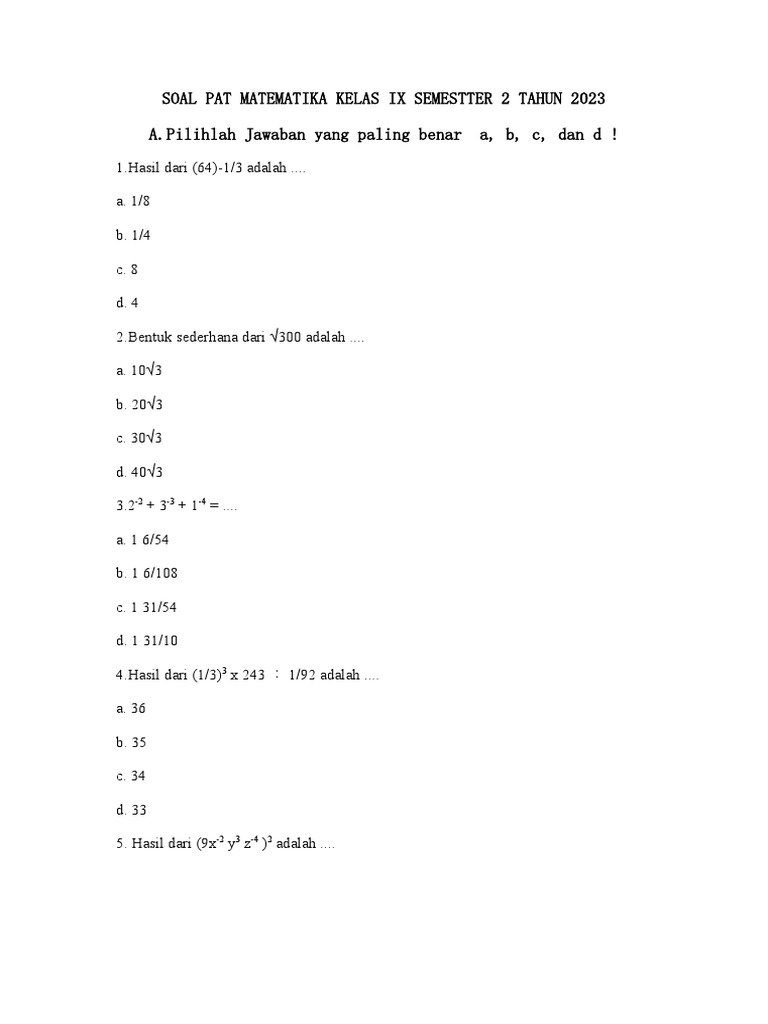 Soal Pts Matematika Kelas Ix Semester 2 | PDF | Griya & Taman | Sains ...