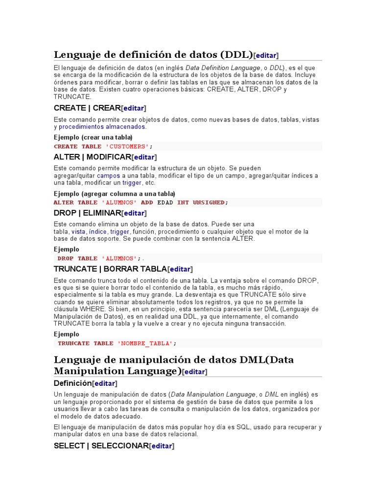 Lenguaje de Definición de Datos SQL | PDF | SQL | Datos