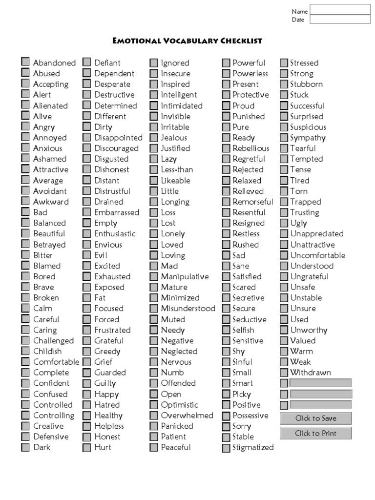 Emotional Vocabulary Checklist for Adults | PDF | Psychology | Emotions