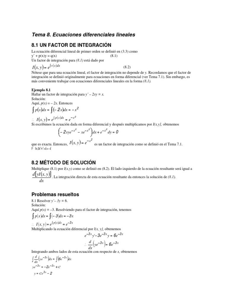 Tema 8. Ecuaciones Diferenciales Lineales: 8.1 Un Factor de Integración | PDF | Ecuaciones ...