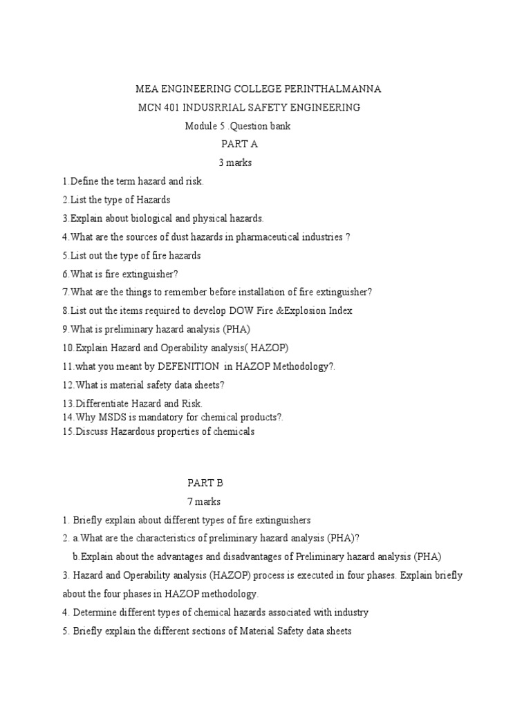 Module 5 Question Bank MCN 401 Indusrrial Safety Engineering | PDF