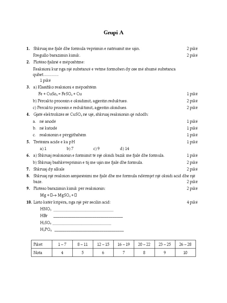 Kimia Test II Grupi A Dhe B | PDF