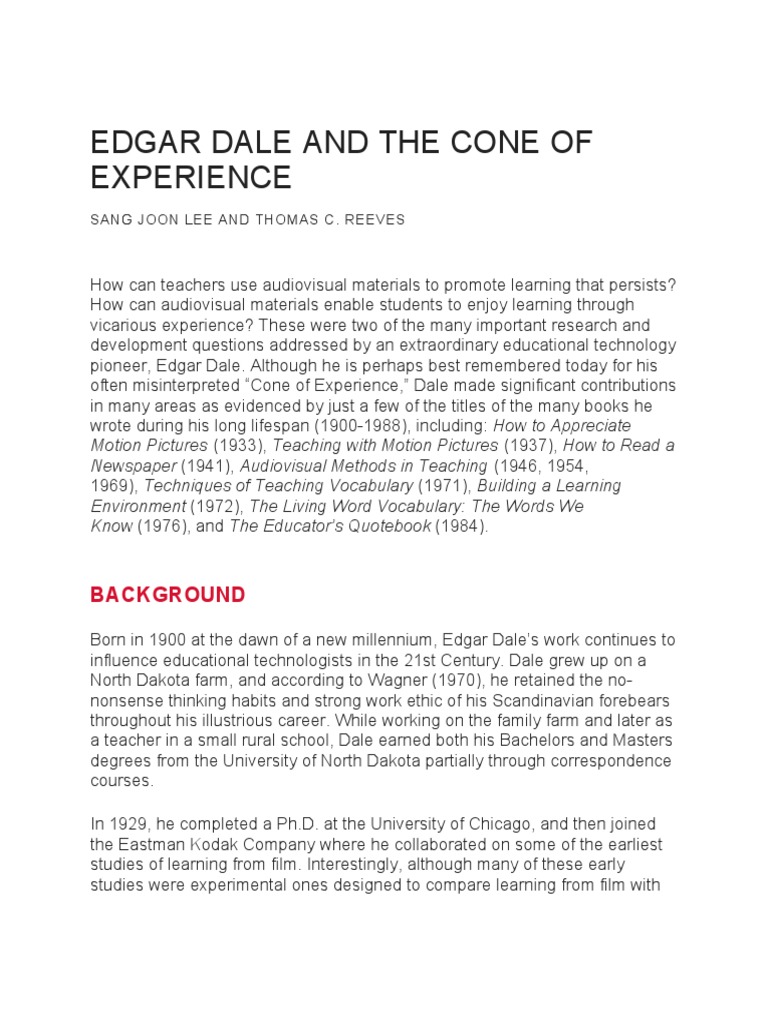 Edgar Dale's Cone of Experience Explained | PDF | Experience | Learning