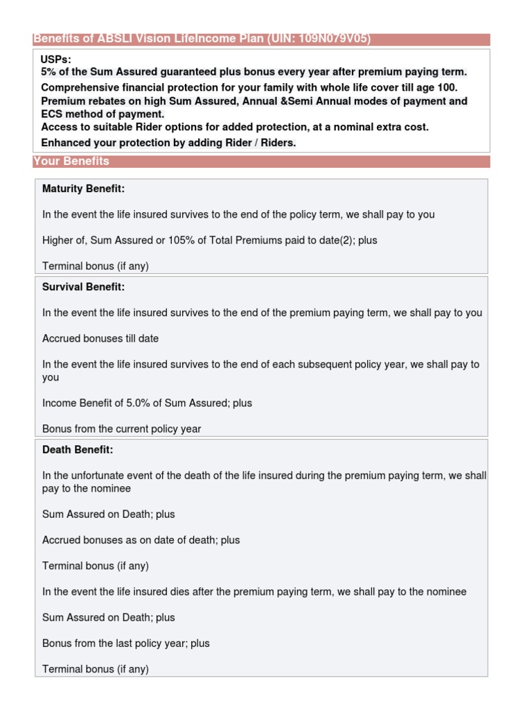 ABSLI Vision LifeIncome Plan | PDF