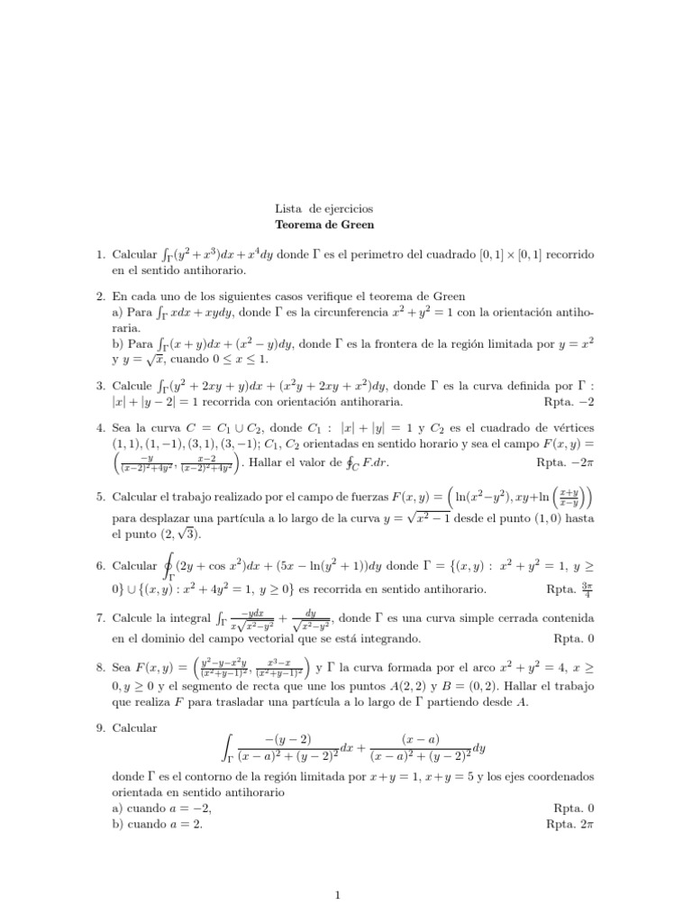 Lista de Ejercicios - Teorema de Green | PDF | Álgebra abstracta | Álgebra