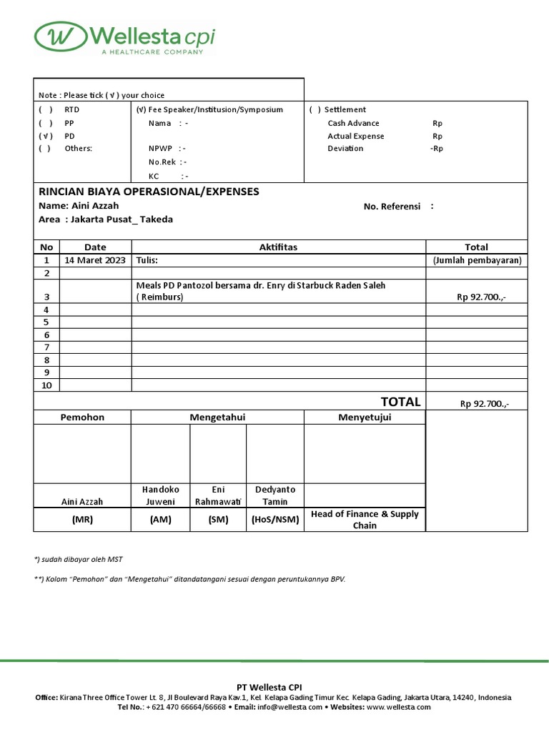 Rincian Biaya Operasional/Expenses: Name: Aini Azzah Area: Jakarta ...