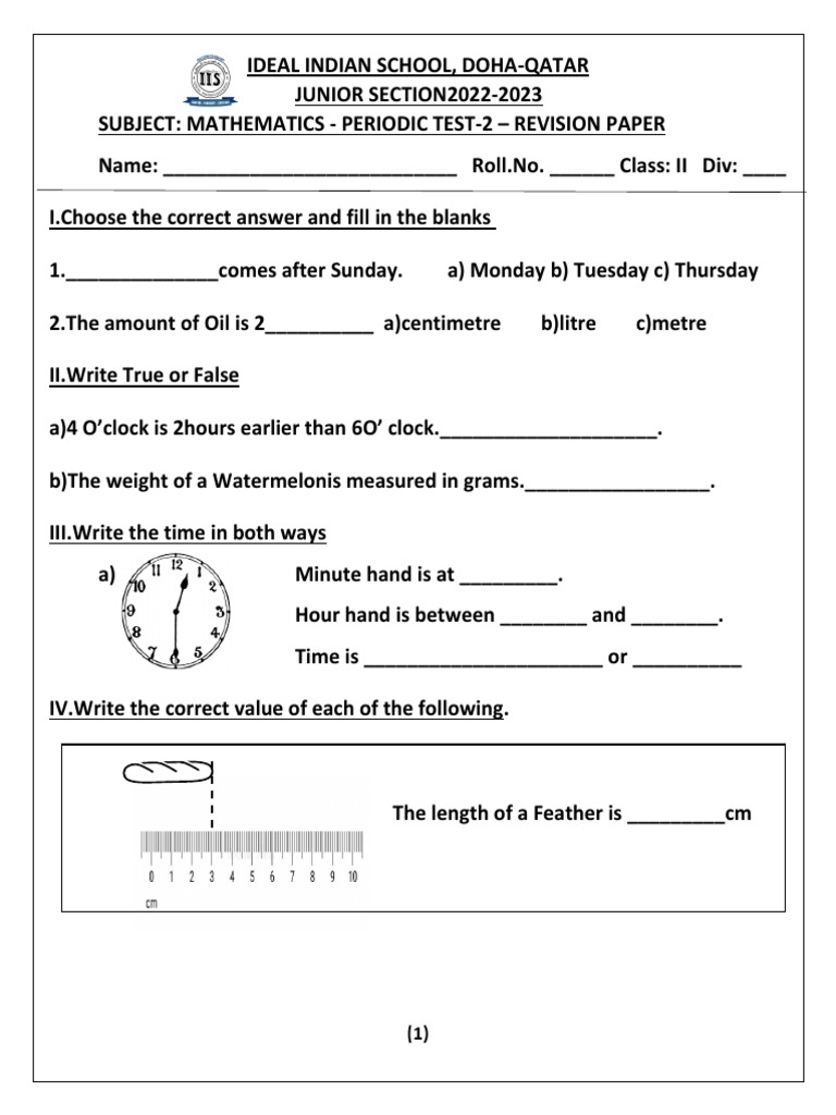 Class 2 Maths Revision Test Paper | PDF