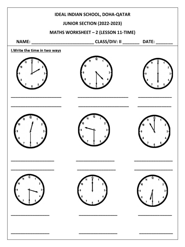 Class 2-Time - Worksheet-2-2022-2023 | PDF