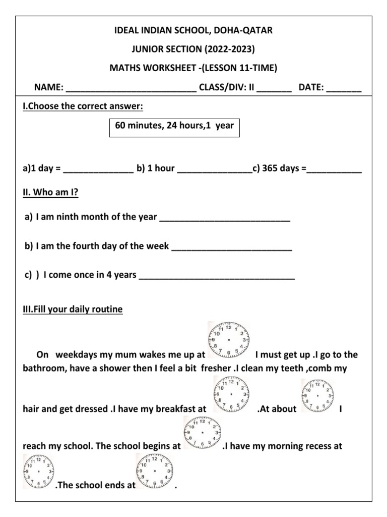 Class 2-Time - Worksheet | PDF