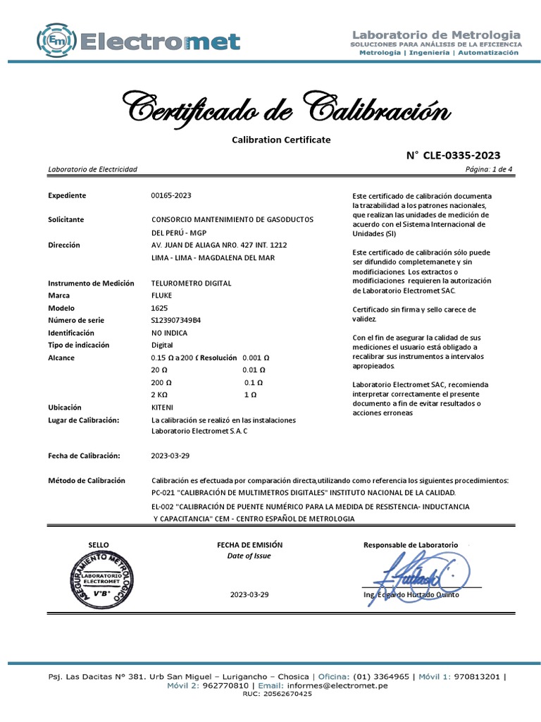 Certificado de Calibración | PDF | Calibración | Metrología